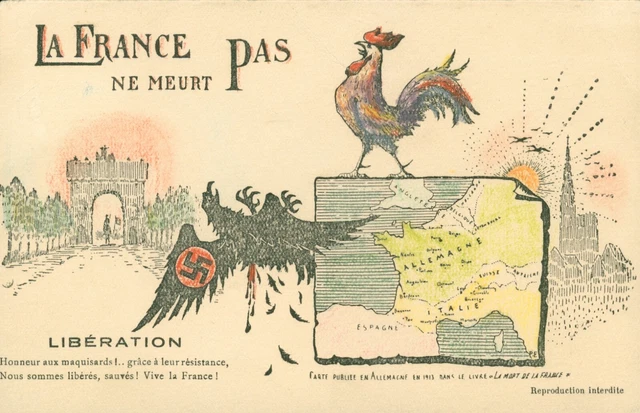 WW2 GUERRE MONDIALE PROPAGANDE CARICATURE ANTI ALLEMAGNE FRANCE COQ EUR ...