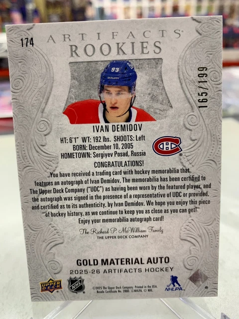 2025-26 UD ARTIFACTS Ivan Demidov Gold Material Rookie Auto Rc 174 165/ ...