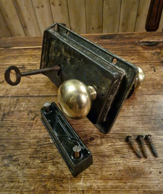 VICTORIAN CAST IRON Rim Lock, Key, Brass Door Knobs & Cast Iron Keep. L ...