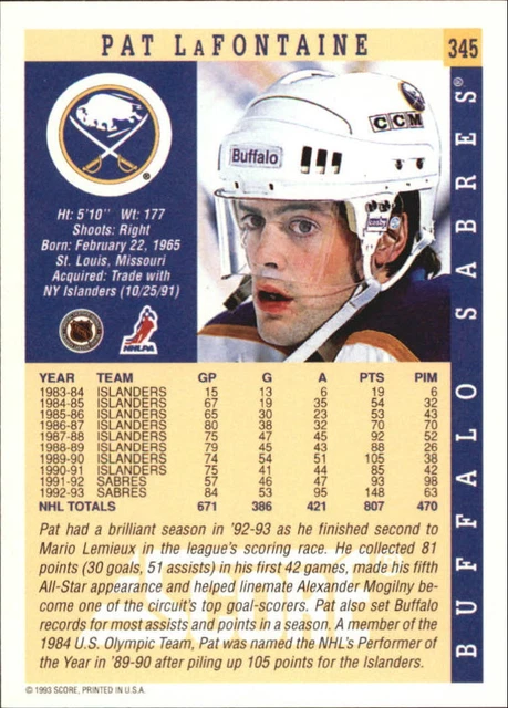 1993-94 SCORE BUFFALO Sabres Hockey Card #345 Pat LaFontaine EUR 1,86 - PicClick FR