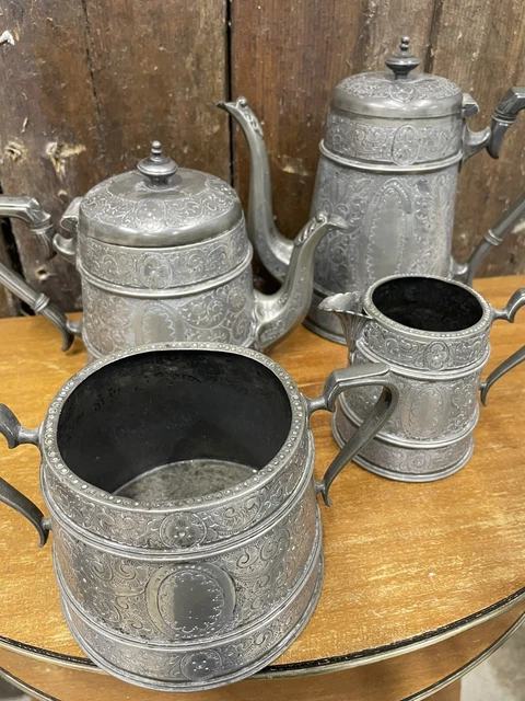 ANTIQUE PEWTER TEA set pot stunning detail pattern 19thC Indian Dutch ...