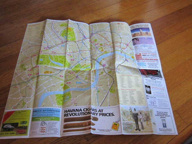 VINTAGE 1980S MAP London UK Bus Tube Street Transport Tourist Info Ads ...