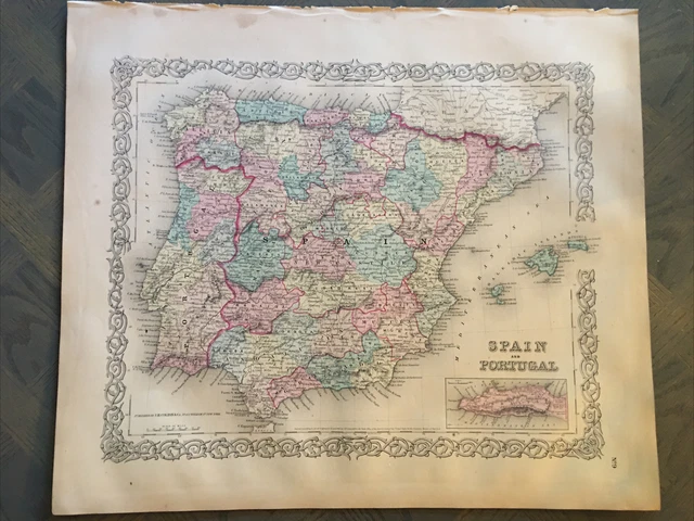 ANTIQUE HAND COLORED Original Map Spain & Portugal 1St Edition Colton ...