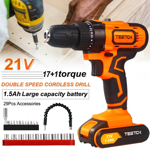 TEETOK 21V CORDLESS Drill Driver Set 1.5Ah Li-Ion Battery Electric ...