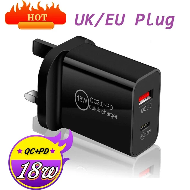 FAST CHARGER WALL Plug USB-C Plug 18W PD+QC3.0 For Samsung iPhone 14/13 ...