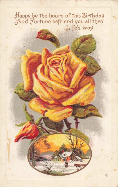 POSTCARD HAPPY BIRTHDAY Poem Rose Snowy Winter Scene Embossed Divided postcard-happy-birthday-poem-rose-snowy-winter-scene-embossed-divided