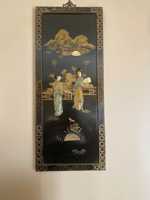 TABLEAU VIETNAMIEN LAQUÉ noir vintage à incrustation nacre EUR 50,00 ...