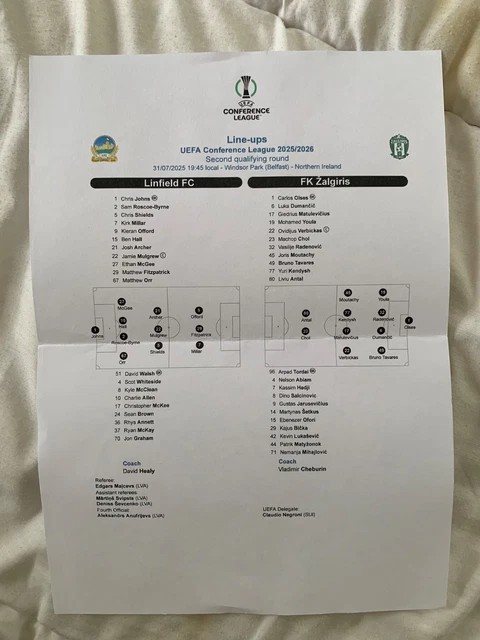 LINFIELD V ZALGIRIS Vilnius (Team sheet) 2025 £1.16 - PicClick UK