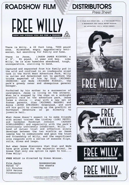 FREE WILLY ORIGINAL Australian Movie Press Sheet Jason James Richter ...
