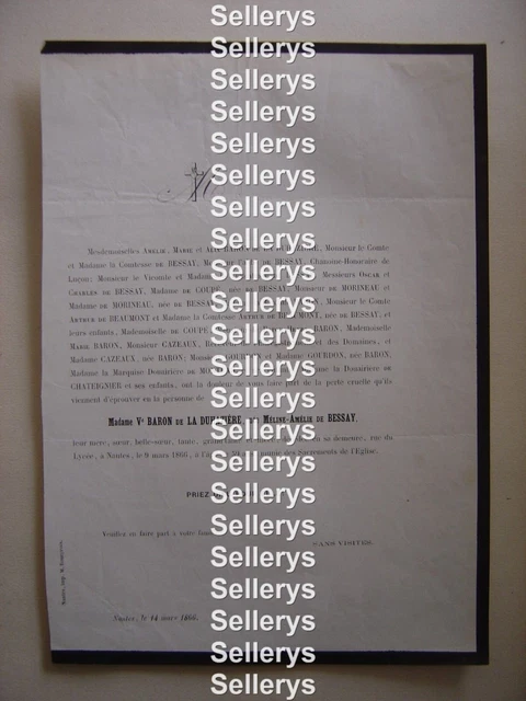 FAIRE PART DE décès Mme Veuve Baron de La Duhazière Née Méline Amélie de BESSAY EUR 24,90 ...