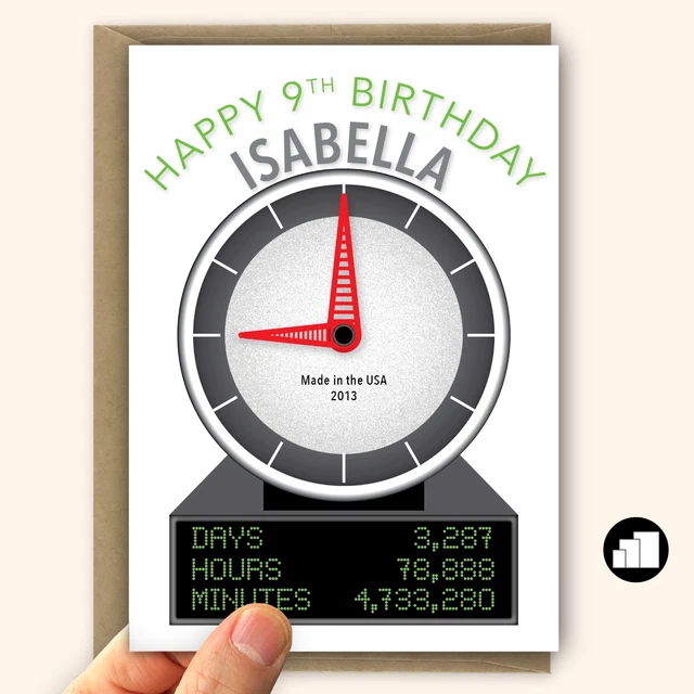 FUNNY 9TH HAPPY birthday card for boy or girl, personalised clock ...