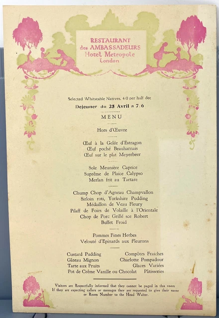 1930 DES AMBASSADEUR Ambassador Hotel Metropole Restaurant Menu London ...