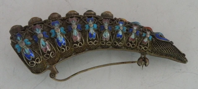 ANTIQUE CHINESE EXPORT Silver Finger Guard Pin, Brooch enamel filigree ...