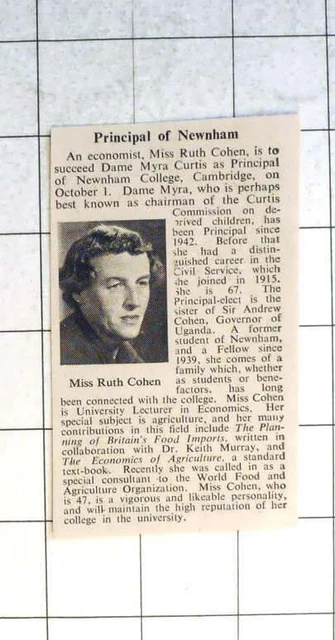 1954 ECONOMIST MISS Ruth Cohen To Become Principal Of Newnham College ...
