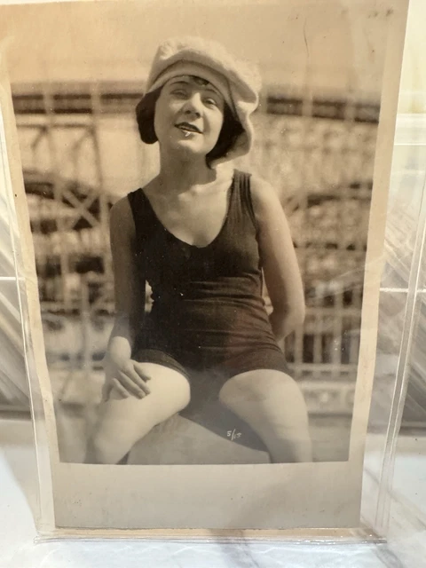 RPPC BATHING BEAUTY Woman in Swimsuit Amusement Park Background 1920s ...
