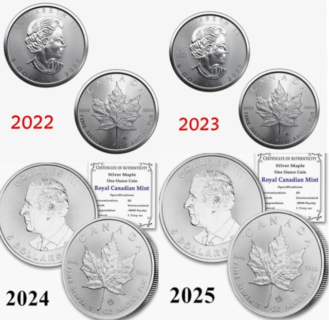 2022-2025 CANADA 1 oz Silver Maple Leaf Coin GEM BU 22/23/24/25 NE EUR ...