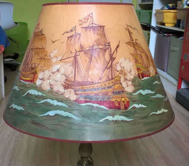 GRAND ABAT JOUR Lampe Chapeau Carton Peint Main Vintage marine voiliers ...