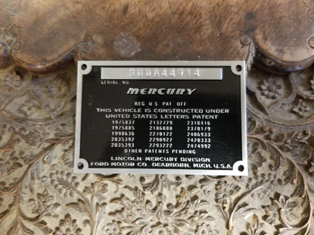 MERCURY CARS 1946 - 1950s Patent & Data Plate Acid Etched in Aluminum ...