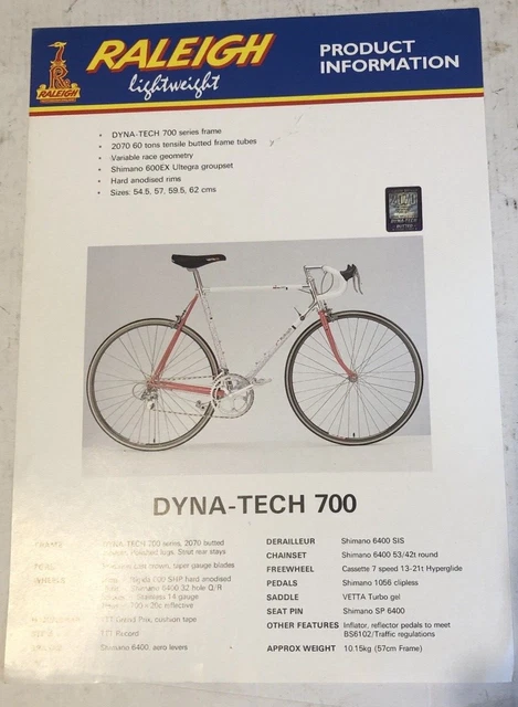 VINTAGE RALEIGH DYNA-TECH Racing Bike Product Info Sheets & Frameset ...