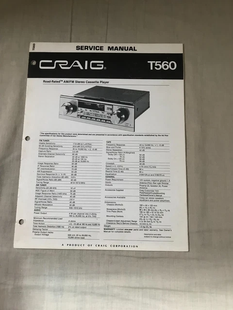 CRAIG MODEL T560 Road Rated AM/FM Stereo Cassette Player Service Manual ...