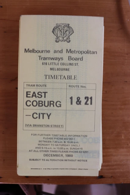 MELBOURNE TRAM TIMETABLE for routes 1 and 21 dated December 1980 $8.00 ...