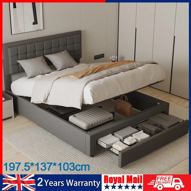 4FT6 DOUBLE SIZE Modern Upholstered Ottoman Bed Frame with Lift-Up ...