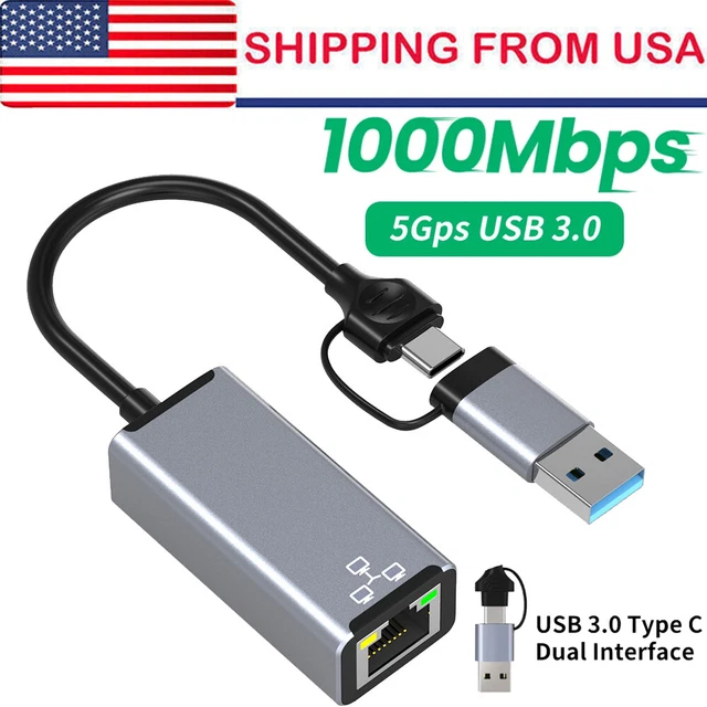 2 IN 1 USB/Type C to RJ45 External Adapter USB 3.0 to Ethernet 1000Mbps ...