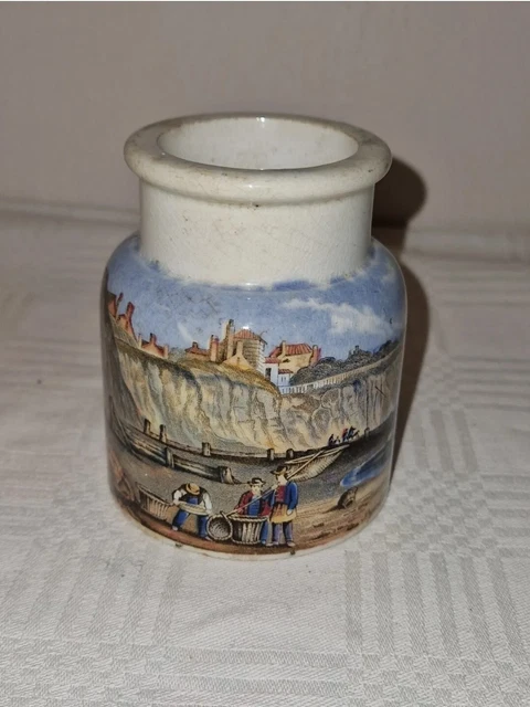 ANTIQUE ENGLISH STAFFORDSHIRE Prattware Pegwell Bay Kent Fish Paste Jar ...