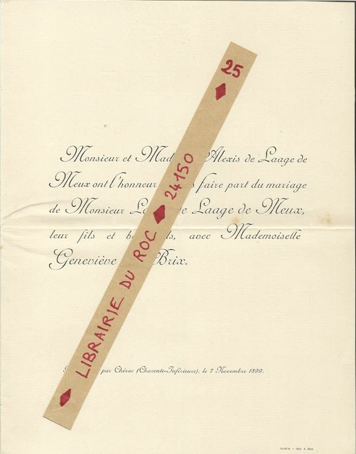 FAIRE PART MARIAGE + Louis de LAAGE de MEUX / Geneviève de BRIX + 1899 ...