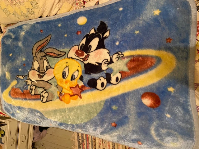BABY LOONEY TUNES Blanket Blue Bugs Bunny Tweety Bird Sylvester Space ...