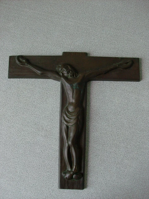 RARE CRUCIFIX CROIX catholique en bronze signé JM Valette de 18,8 cm x ...