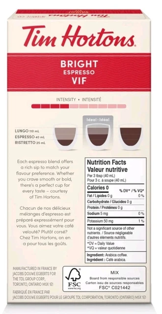 TIM HORTONS BRIGHT ESPRESSO VIF 10 Coffee Capsules Nespresso Original ...