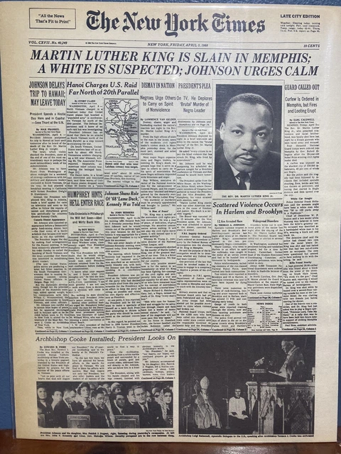 VINTAGE NEWSPAPER HEADLINE~MARTIN Luther King Killed Shot Memphis April ...