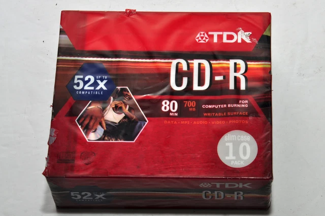 TDK CD-R 52 X 80 minutes 700 mb 10 pack recordable Jewel case slim NEW ...