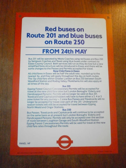 LONDON TRANSPORT A4 Poster-Red/Blue Buses For Routes 201 & 250, 1986 £1 ...