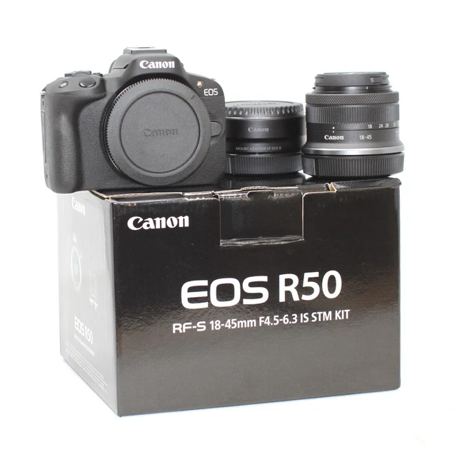 CANON EOS R50 Mirrorless Camera + RF-S 18-45 STM lens + EF-EOS R Mount ...