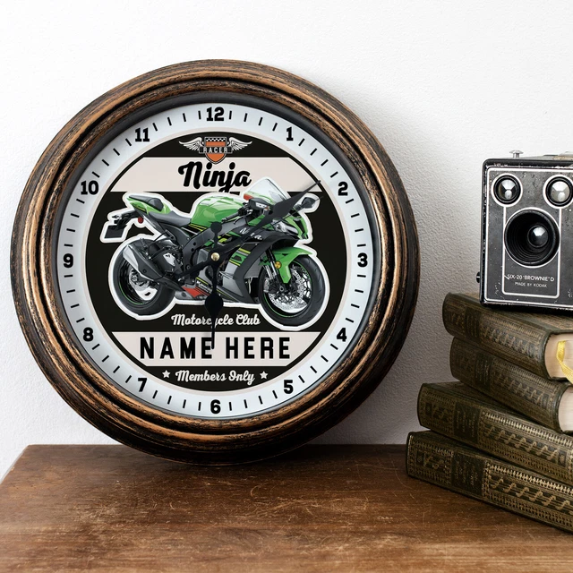 PERSONALISED MOTORCYCLE CLOCK Kawasaki Ninja Bike Garage Glass Wall ...