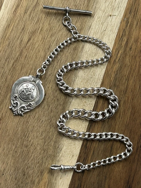 VICTORIAN SOLID SILVER Graduated Pocket Watch Albert Chain + Fob C1903 ...