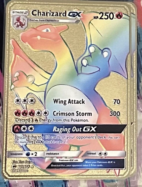 CHARIZARD GX RAINBOW Rare Unofficial Custom Fan Made Gold Metal Pokemon ...