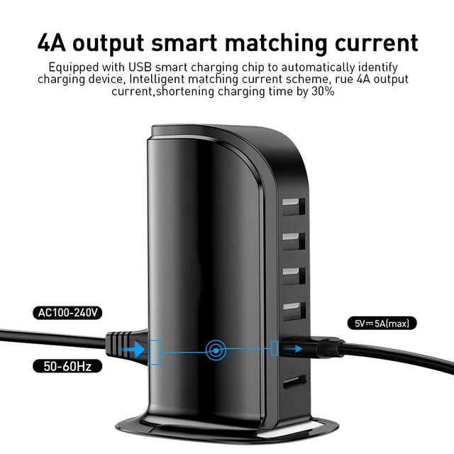 6 PORT USB USBC Charging Station Desktop Charger Rapid Tower Power ...