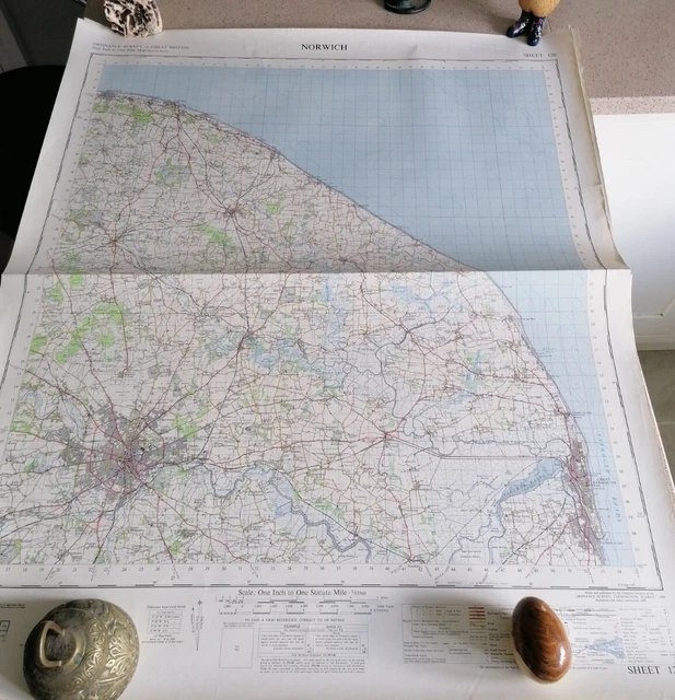 ORDNANCE SURVEY WALL CHART/ os MAP NORWICH Norfolk #126 1": 1 MILE 1960 ...