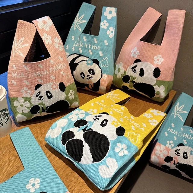 CUTE KNOT WRIST Bag Panda Pattern Tote Bag Handmade Knit Handbag Women ...