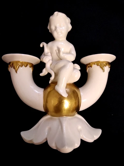 2 FLAMMIGER PORZELLAN Kerzenhalter Putto mit Bogen, Goebel. 20 cm hoch ...