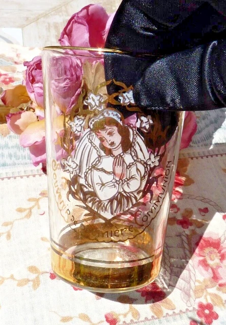 ANCIEN VERRE SOUVENIR de première communion sérigraphié et peint des années 1930 EUR 49,00 ...