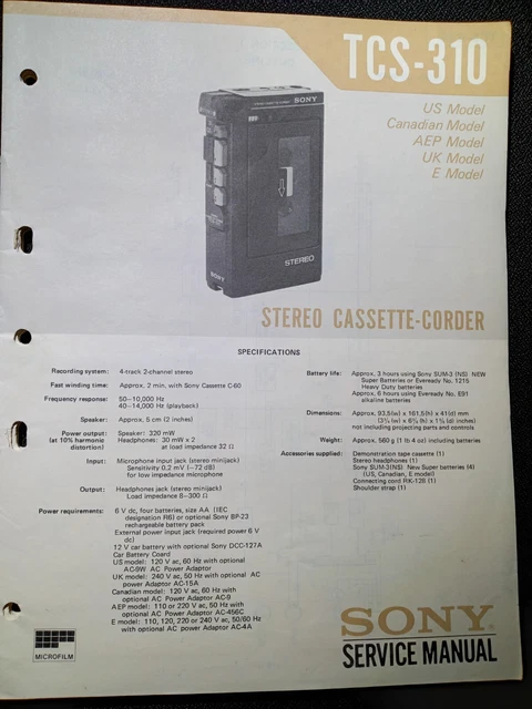 SONY TCS-310 CASSETTE Service Manual *Original* £19.55 - PicClick UK