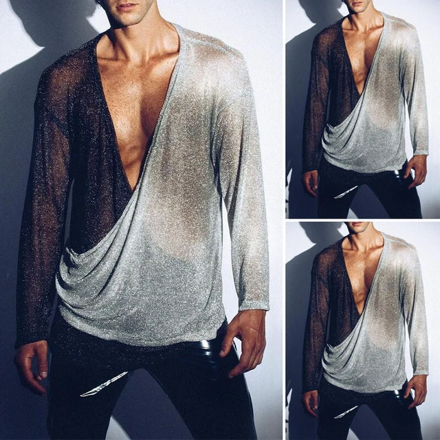 CAMICIA TOP DA uomo UK collo profondo a V manica lunga maglia patchwork ...