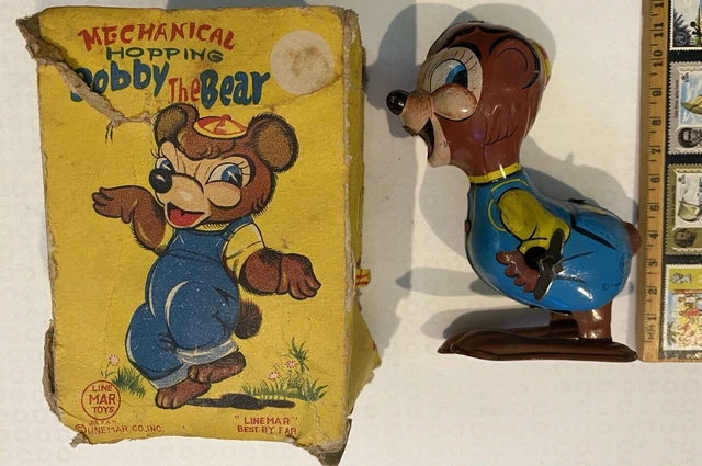 VINTAGE 1960S MECHANICAL HOPPING BOBBY THE BEAR LINE MAR WIND-UP TIN ...