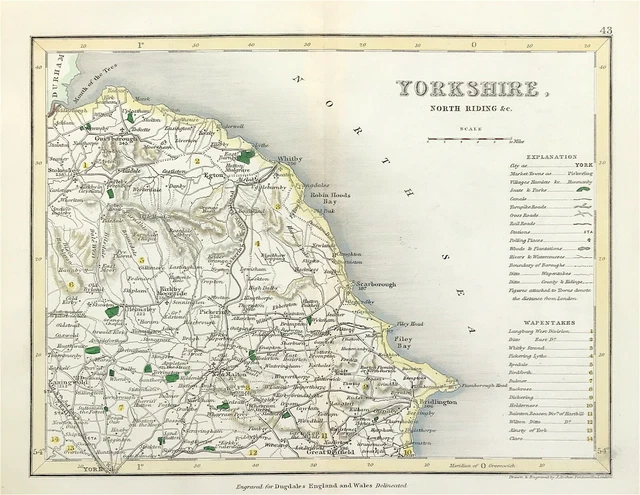 YORKSHIRE NORTH RIDING map Town Parks Rail Road with hand colour ...