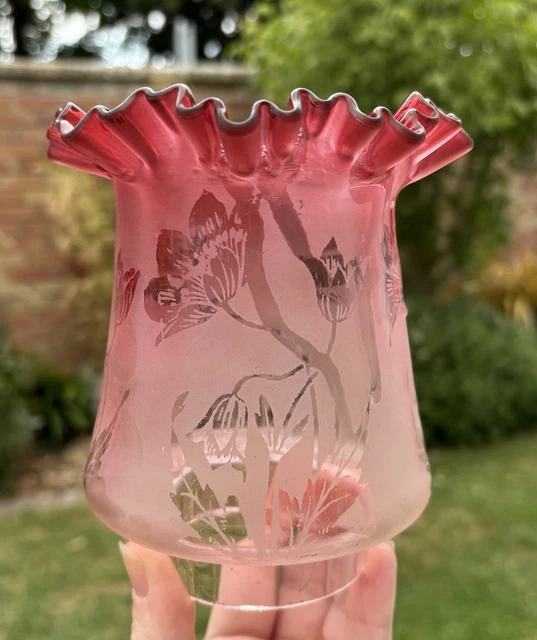 VICTORIAN GLASS OIL Lamp Shade Cranberry Acid Etched 2.75" Fitter 13 ...