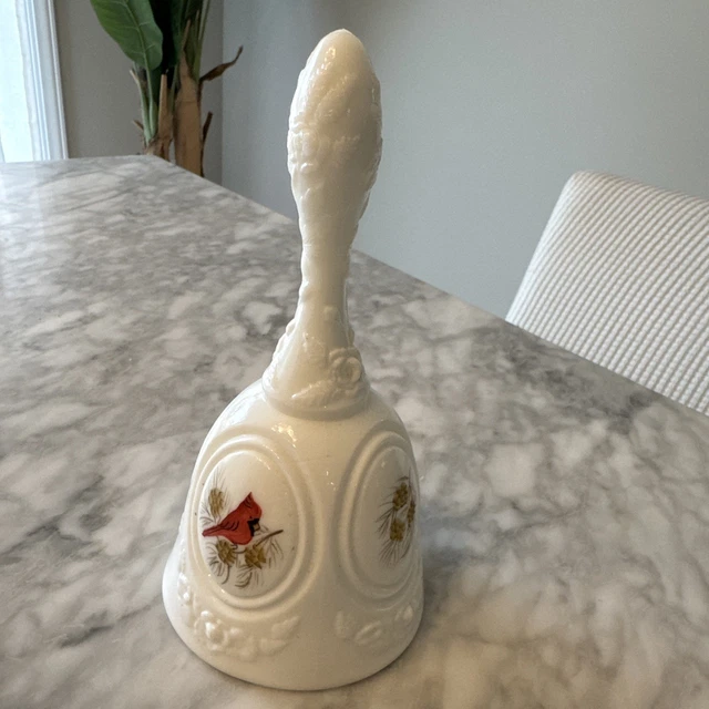 FENTON BELL CARDINAL White Hand Painted Embossed Milk Glass Signed 6.75 ...